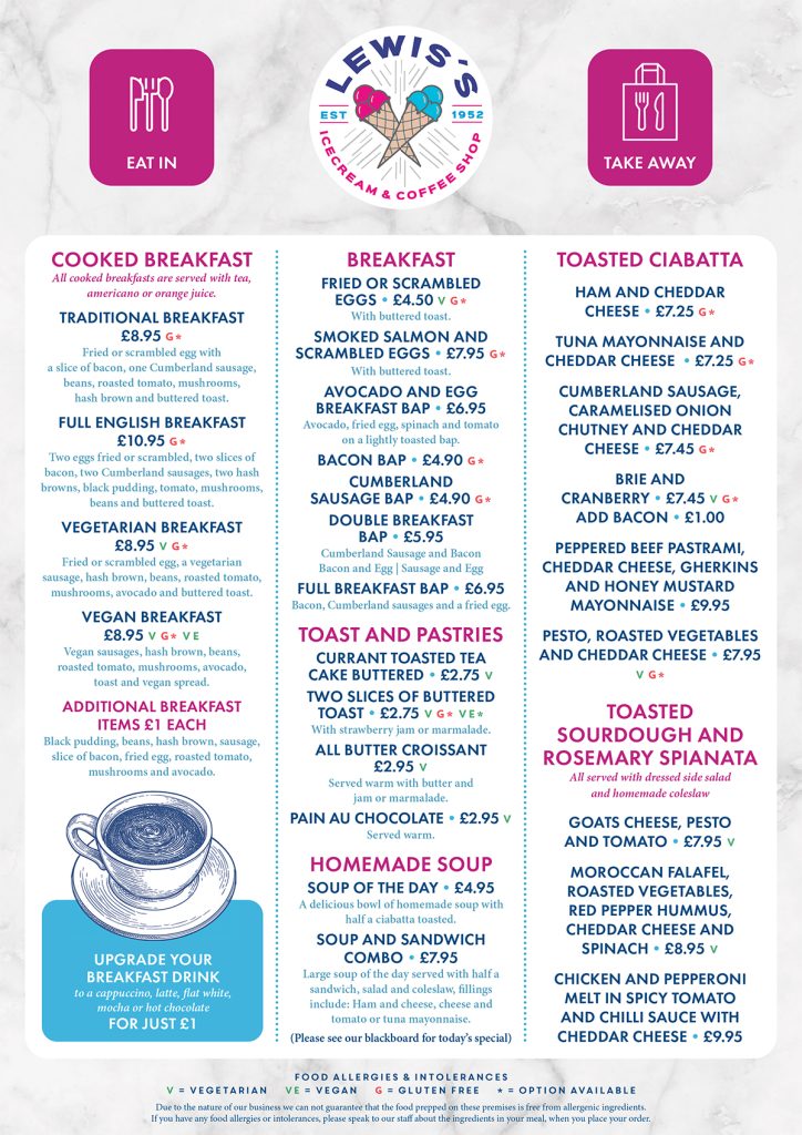 Menu at Lewis's Ice Cream & Coffee Shop in Morecambe