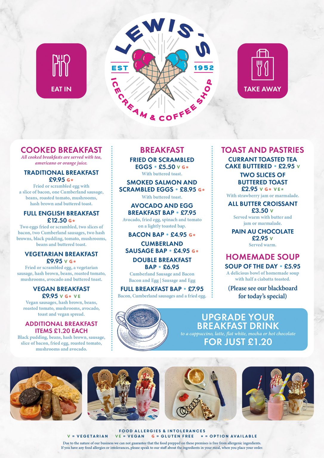 Menu at Lewis's Ice Cream & Coffee Shop in Morecambe